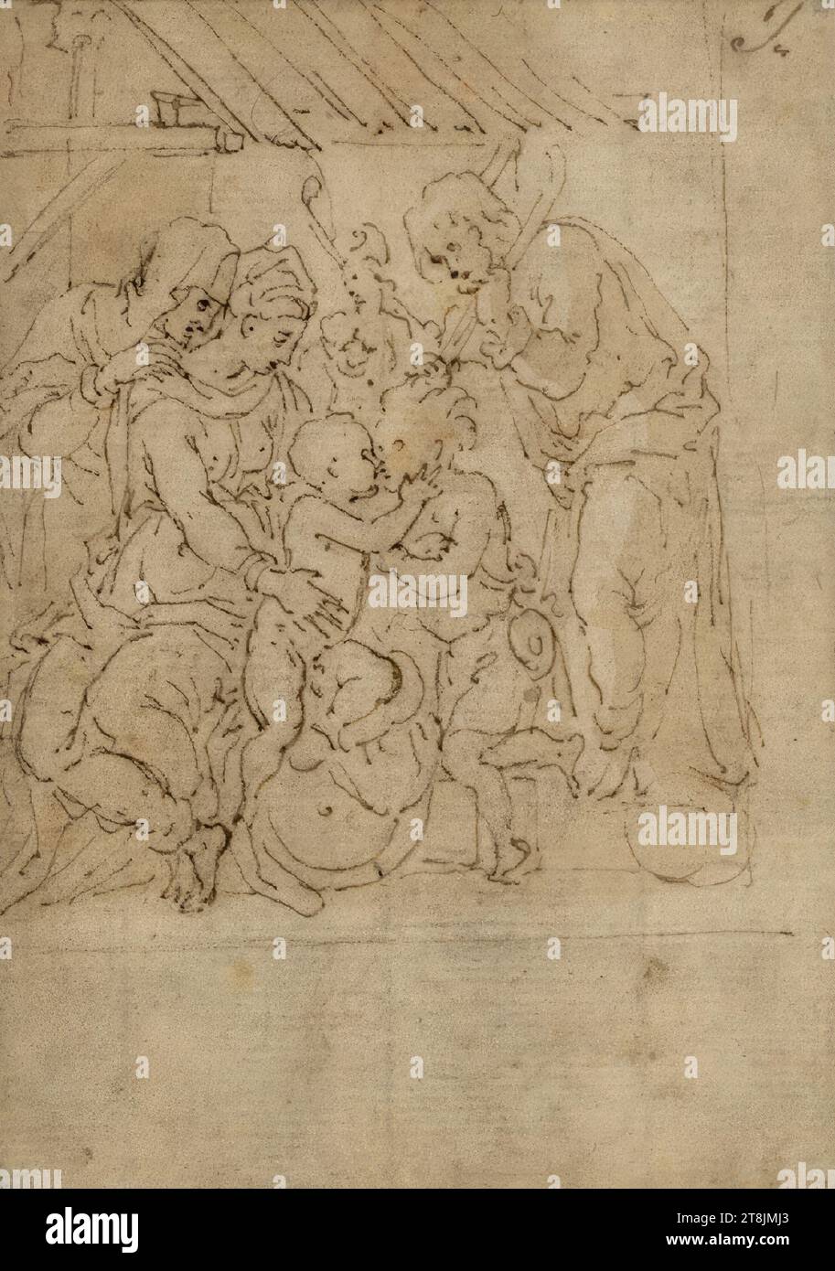 The holy family with Elisabeth and Johannes under an open wooden roof ...