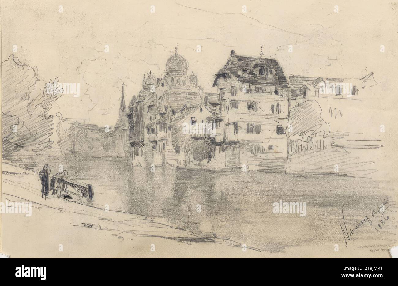 City view, Nuremberg, Ludwig Rösch, Vienna 1864 - 1936 Vienna, drawing ...