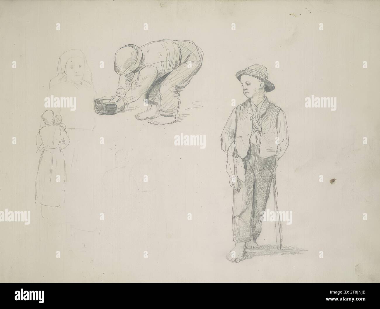 Boy with stick and hat, boy leaning forward with bowl, sketch of a ...