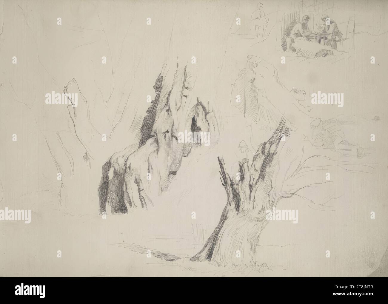 Tree study, study of a hiker and two men at table, Rösch Ludwig ...