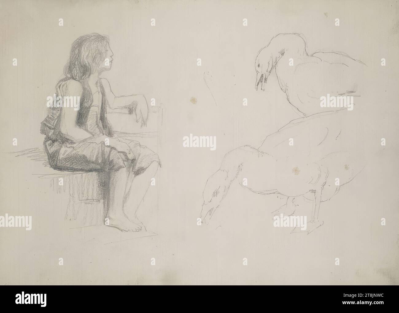 Study of a seated boy and two geese, Rösch Ludwig sketchbook; 30 ...