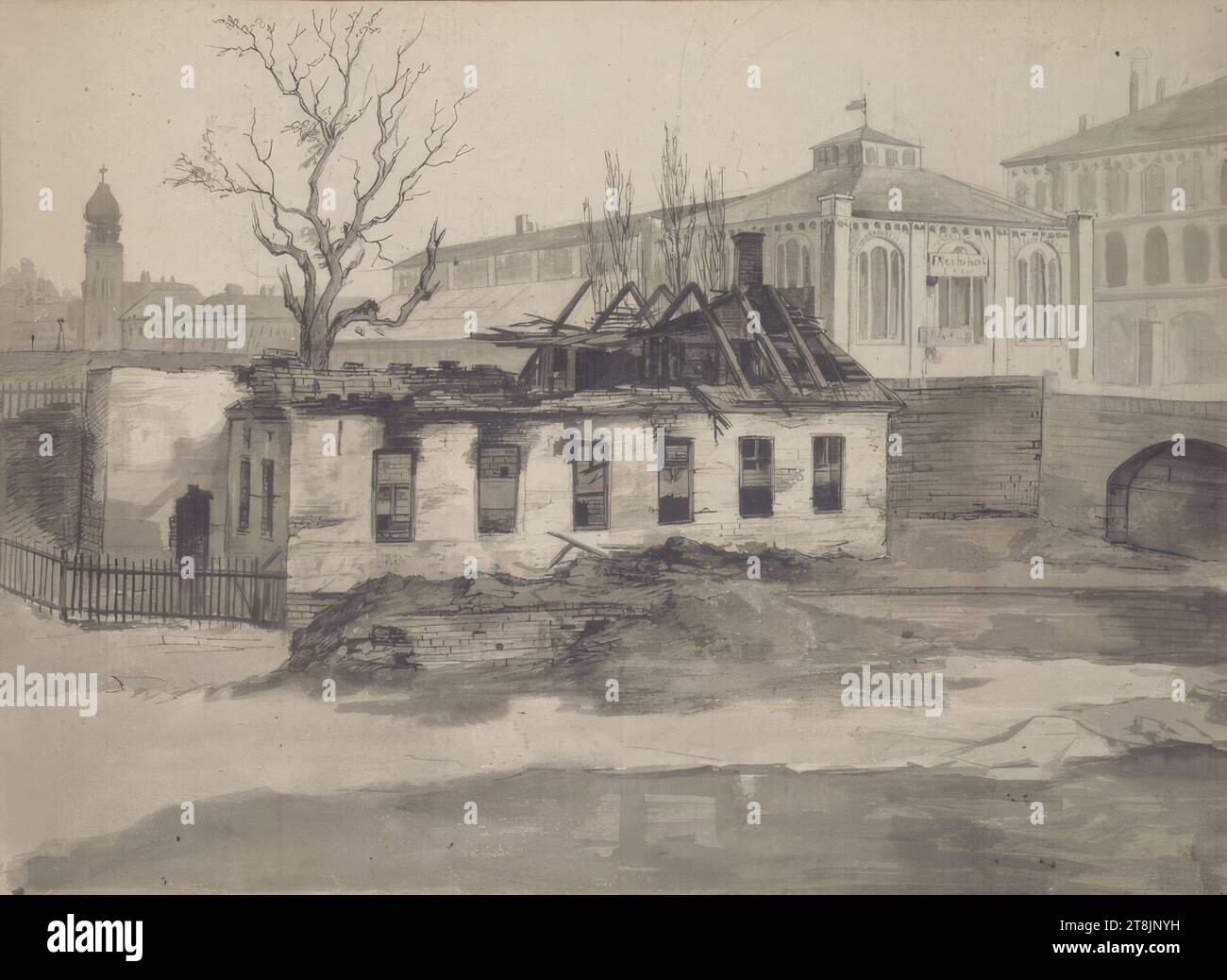 Dilapidated house on a river bank, behind it a market hall, Rösch ...