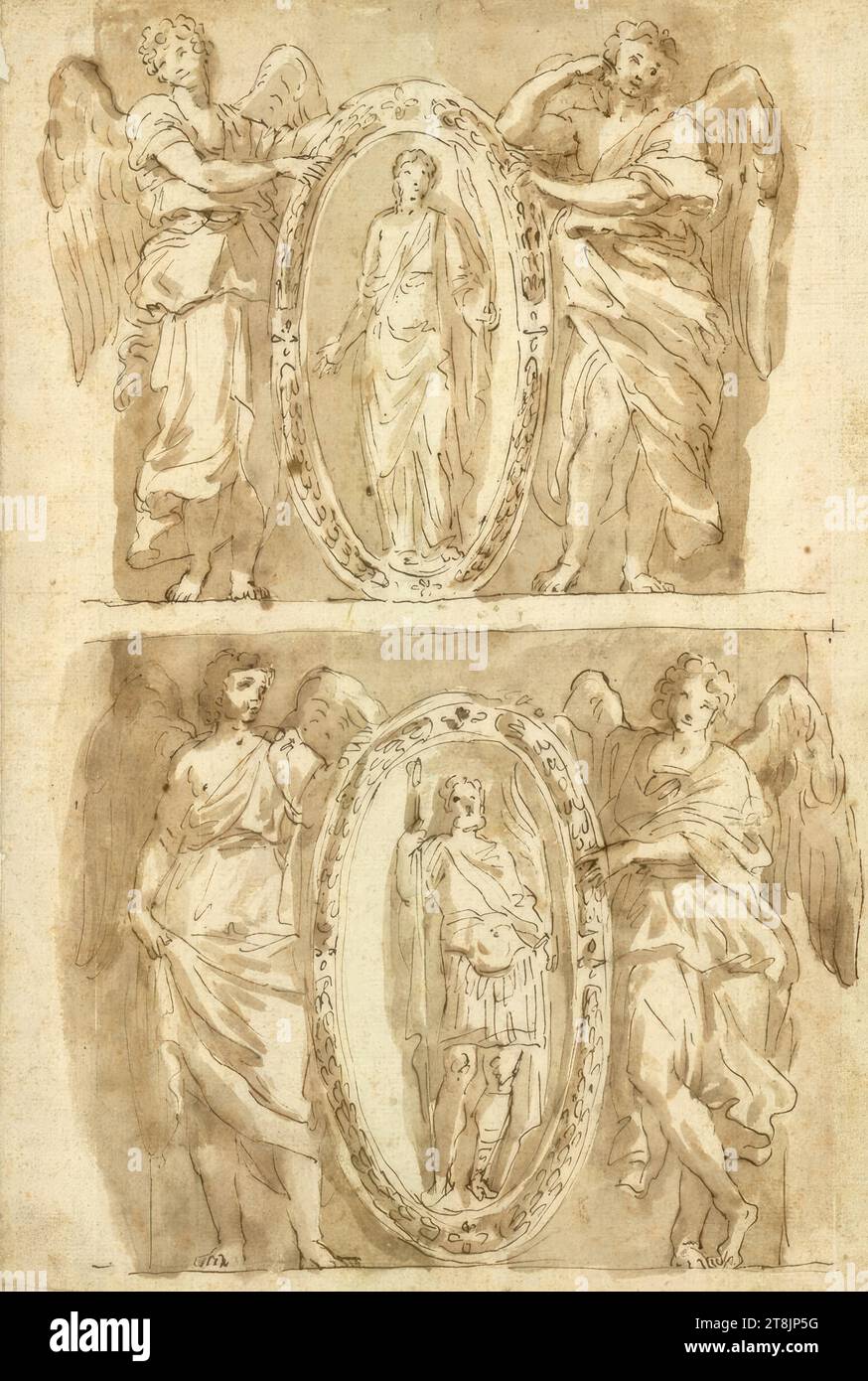 The two angels with the shields. Supraporte, 1581-1641, drawing, pen ...