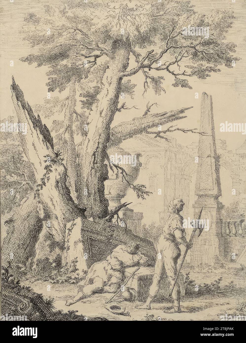 Sleeping man and watchman in a tree-lined landscape of ruins, Franz ...