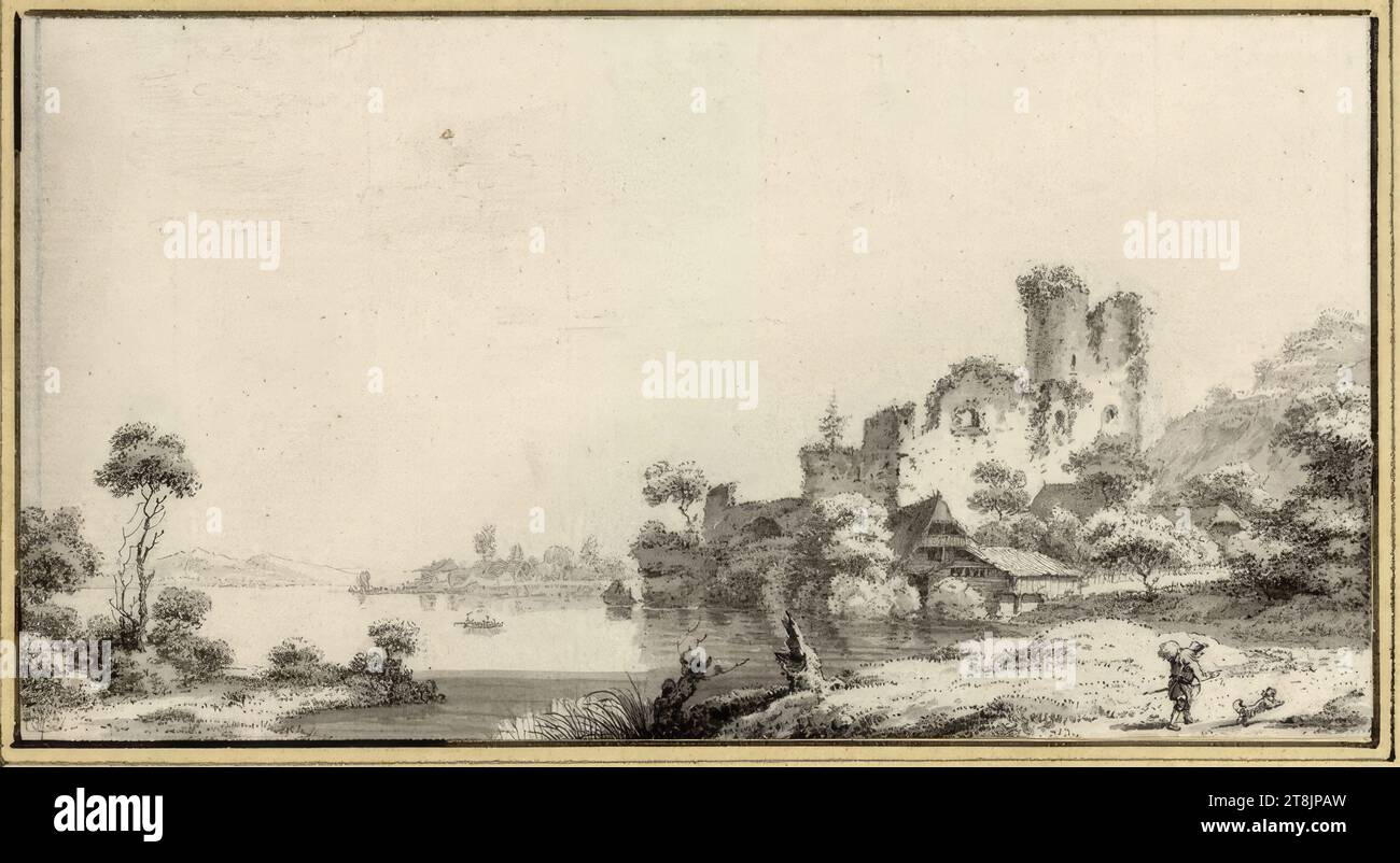 Castle ruins on a flat lake shore, Johann Ludwig Aberli, Winterthur ...