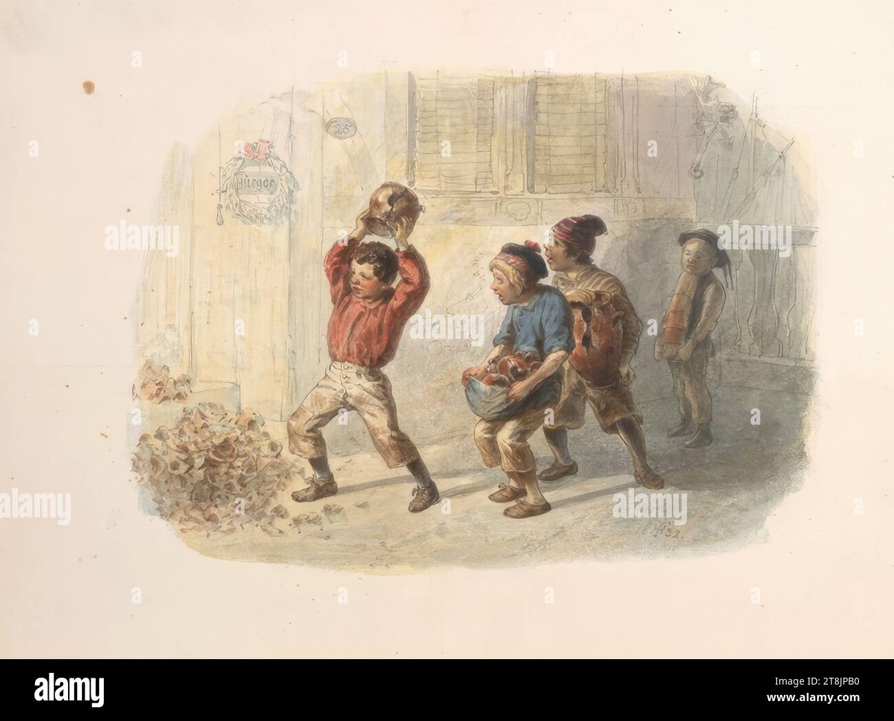 Four boys in front of a house entrance smashing clay dishes on the ...