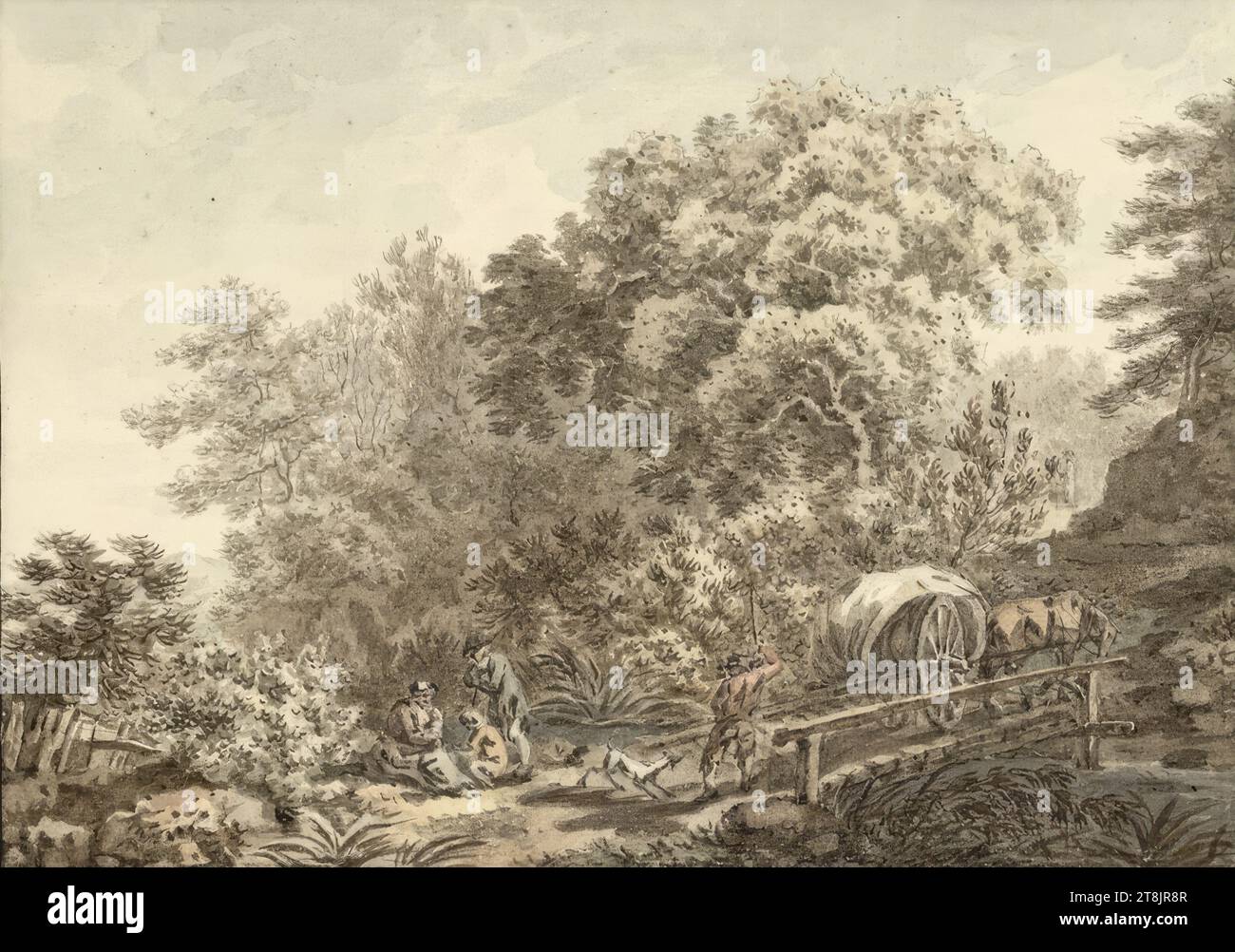 Landscape with a cart on a bridge and a resting farming family, Johann ...