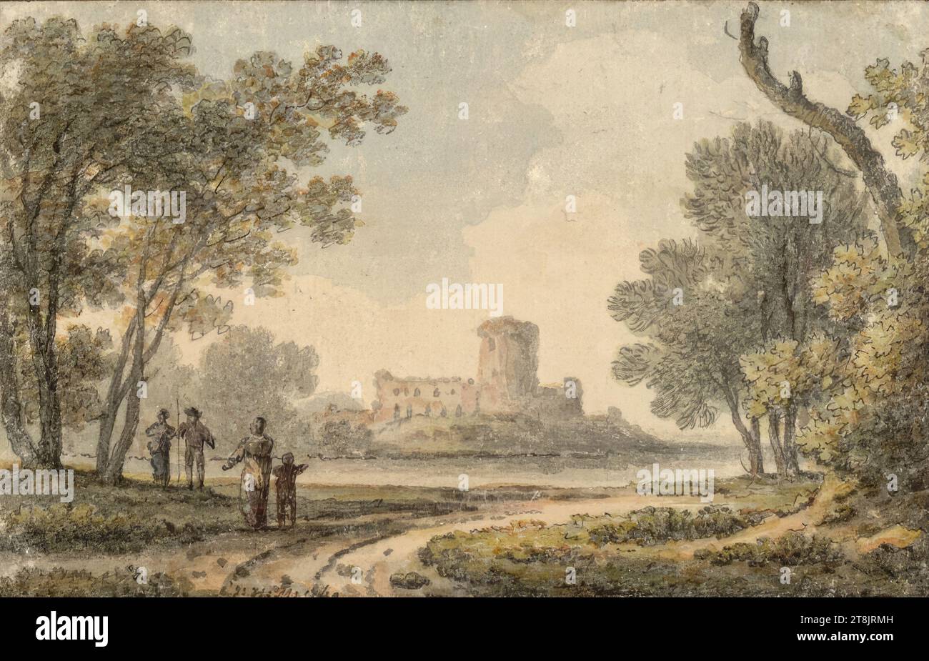 Wide river landscape with castle ruins and figure staffage, Johann ...
