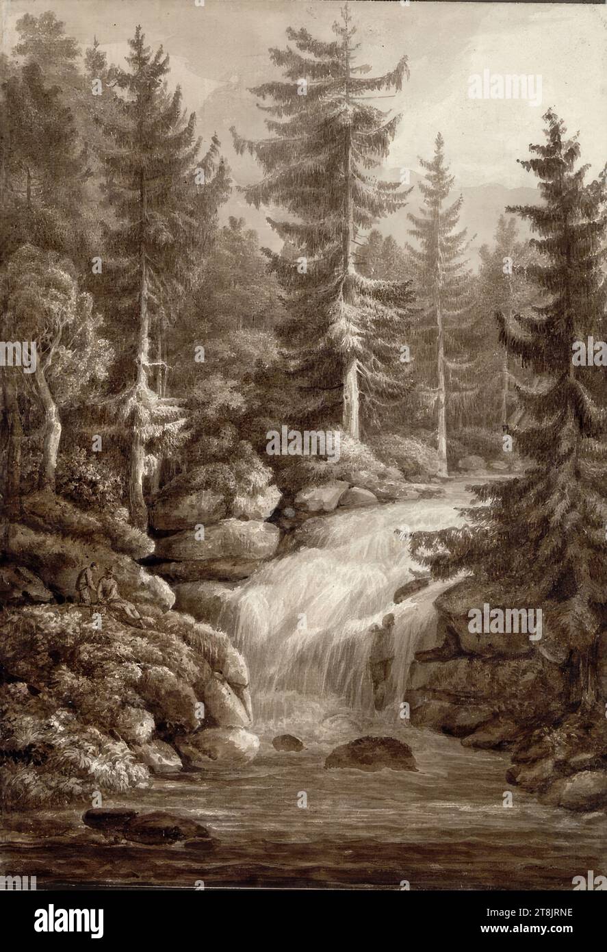 Waterfall in a rocky forest landscape with figure staffage, Christoph ...