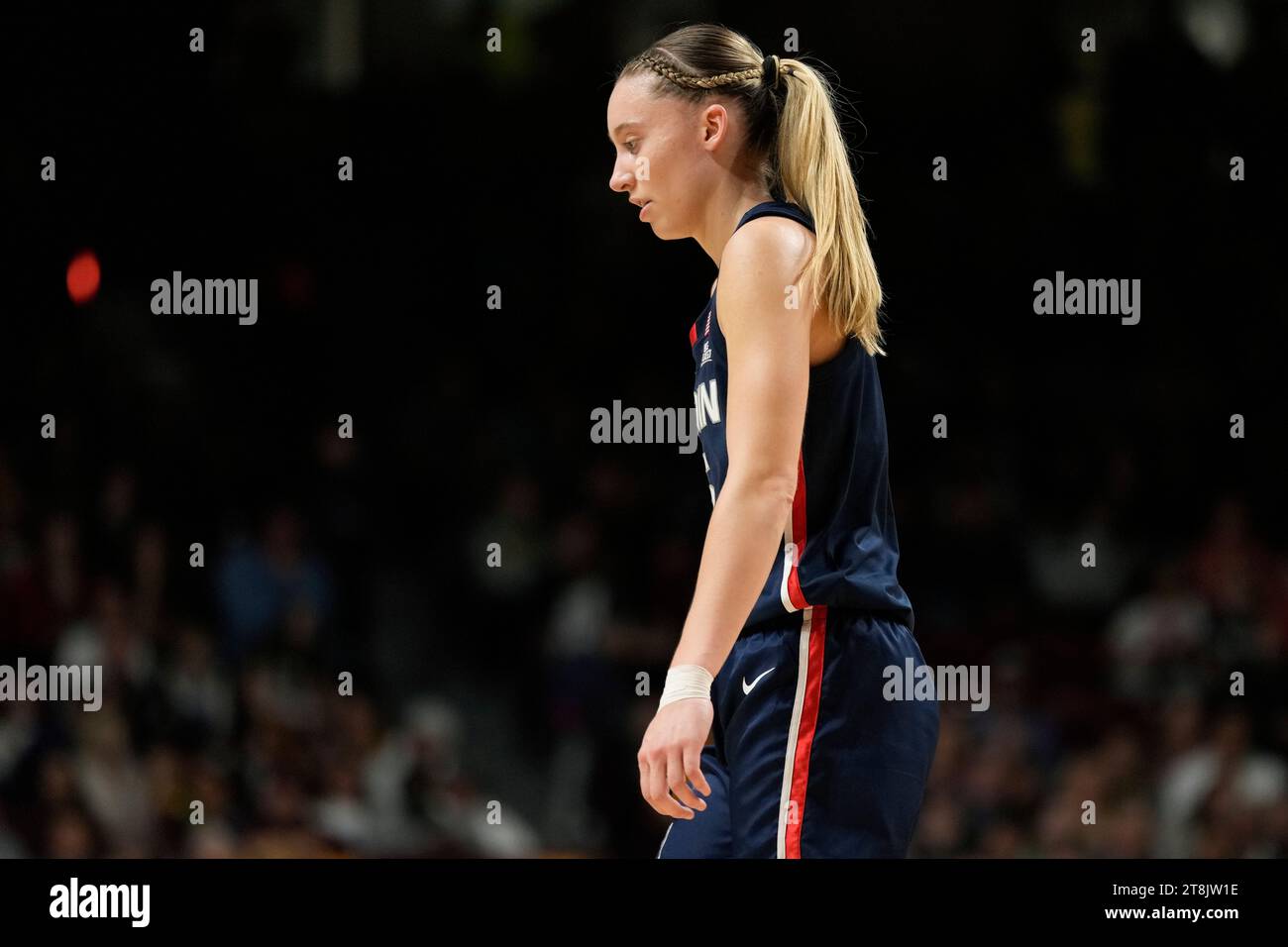 UConn guard Paige Bueckers (5) stands on the court during the first ...