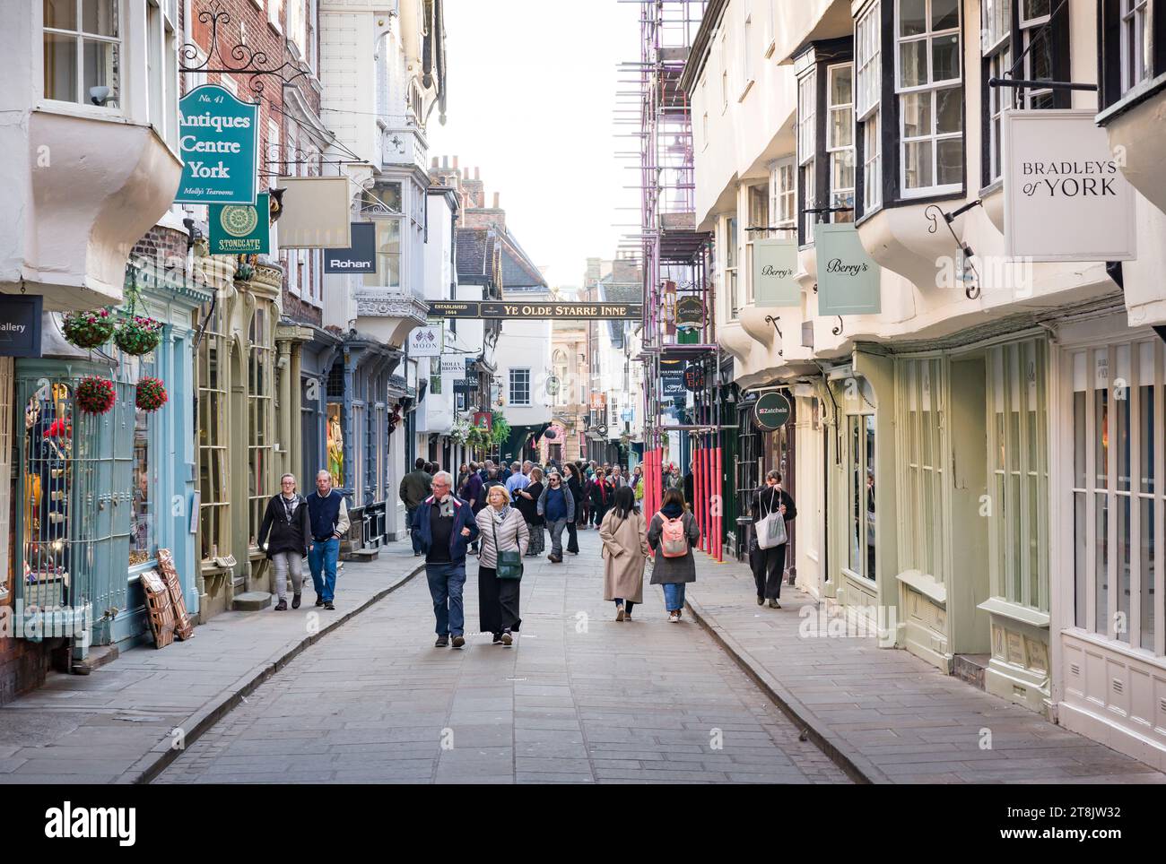 YORK, UK - April 18, 2023. Stonegate, a famous historic street and ...