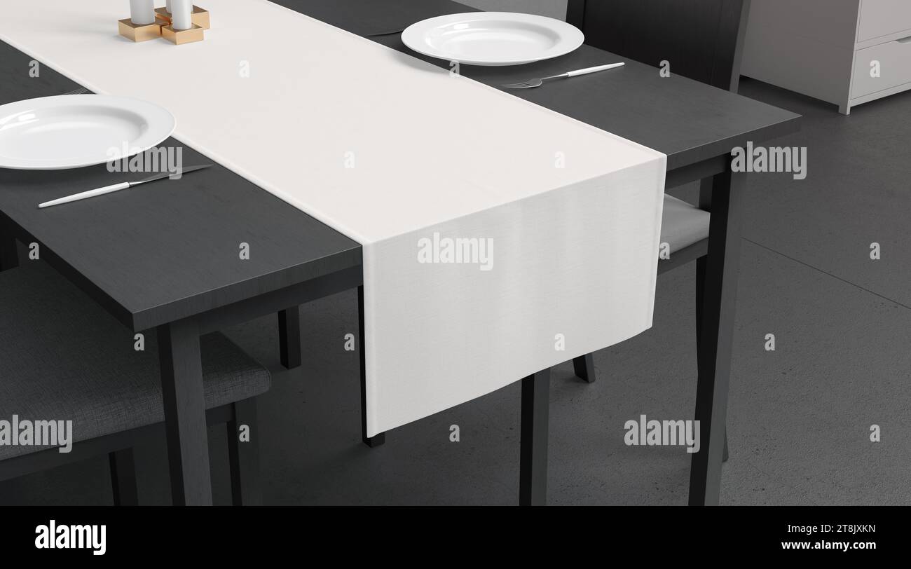 Blank white table runner and dishes mockup crop, interior background ...