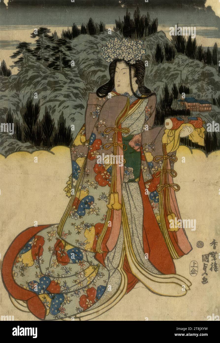 Magnificently dressed woman in a landscape, from a triptych, Utagawa ...