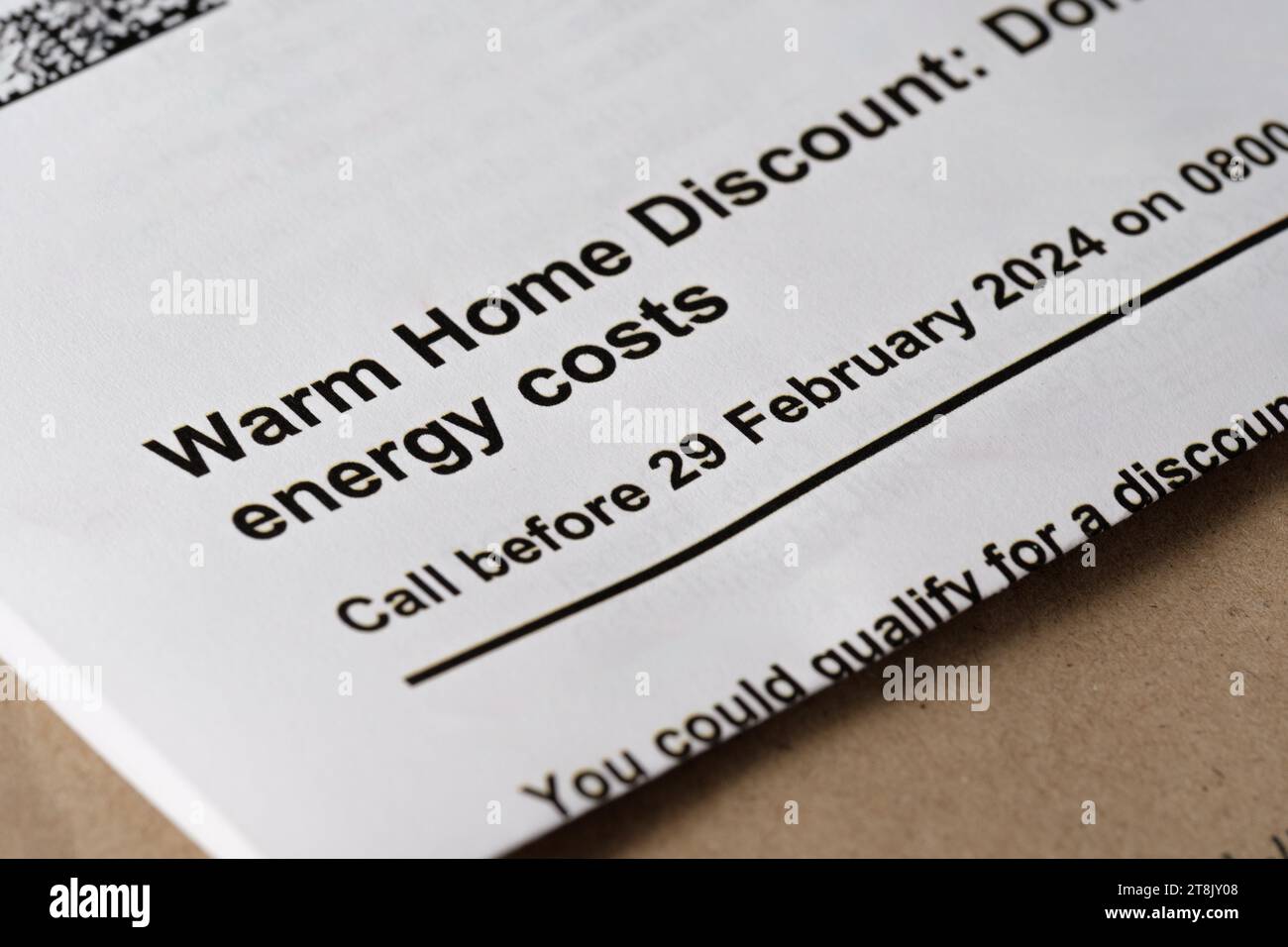 Government letter about "Warm Home discount on energy cost". Authentic letters. Close up ...