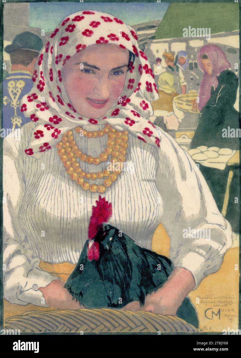 Croatian woman with a rooster, Carl Moser, Bozen 1873 - 1939 Bozen ...