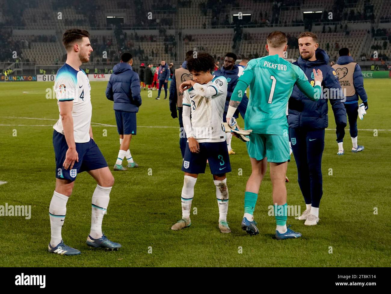 England's Rico Lewis (centre) appears dejected after the UEFA Euro 2024 Qualifying Group C match ...