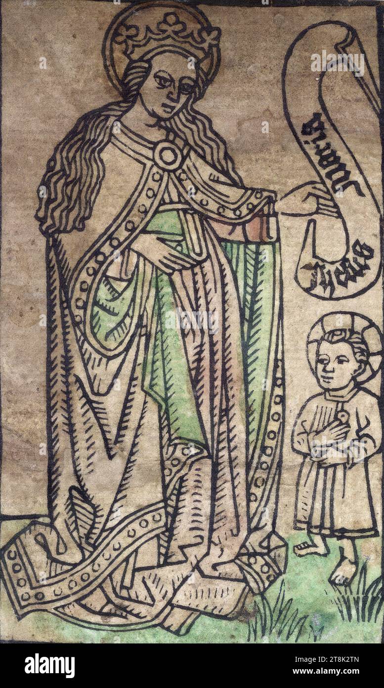 Mary with baby Jesus, anonymous, print, woodcut, partly colored Stock ...