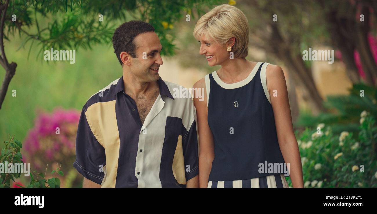 THE CROWN, from left: Khalid Abdalla as Dodi Fayed, Elizabeth Debicki as Princess Diana ...