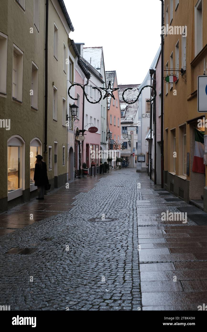 Small back street scene on a cold grey day in the small town of Fussen ...