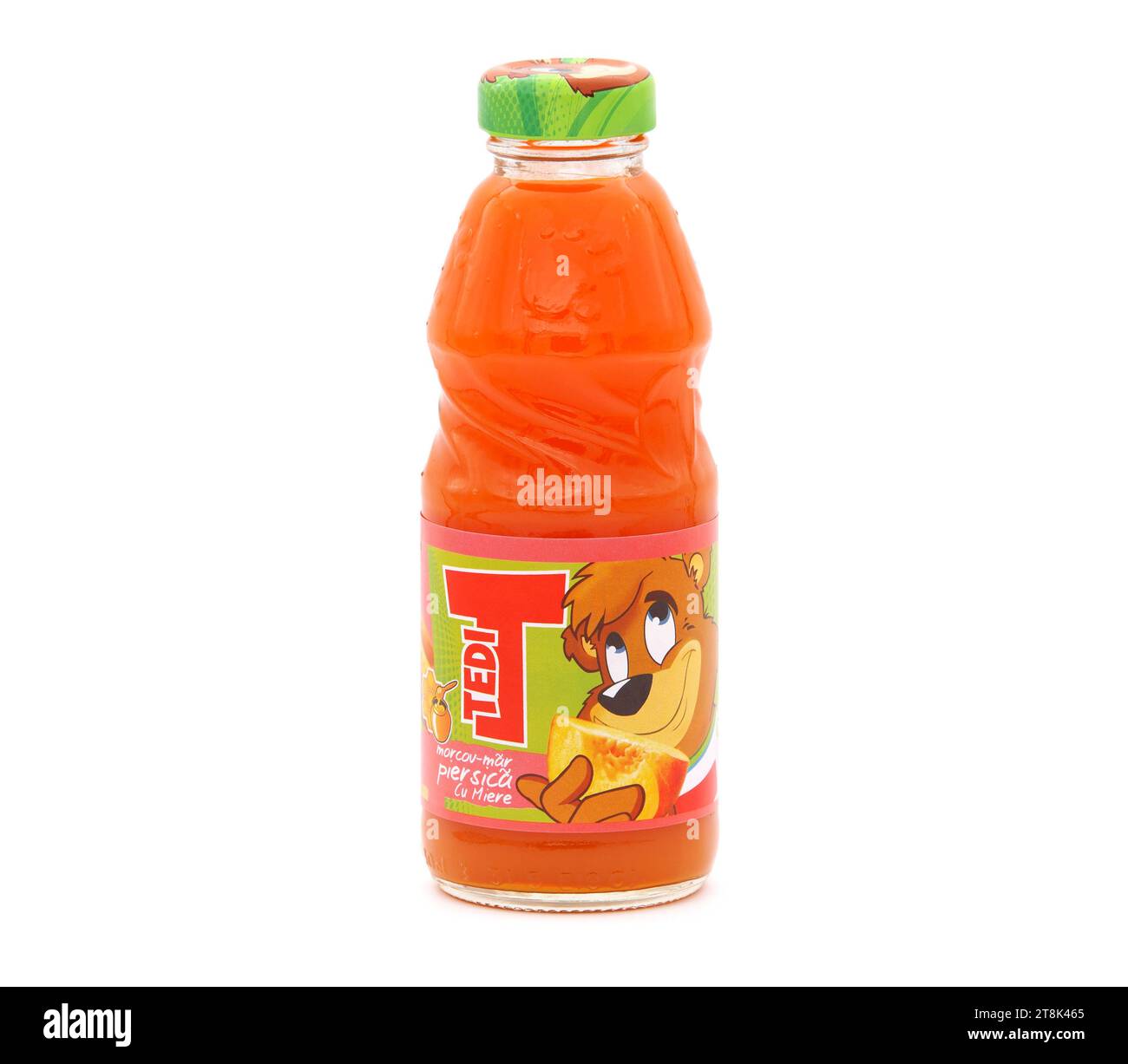 BUCHAREST, ROMANIA - JANUARY 14, 2020. Bottle of Tedi fruit juice with ...