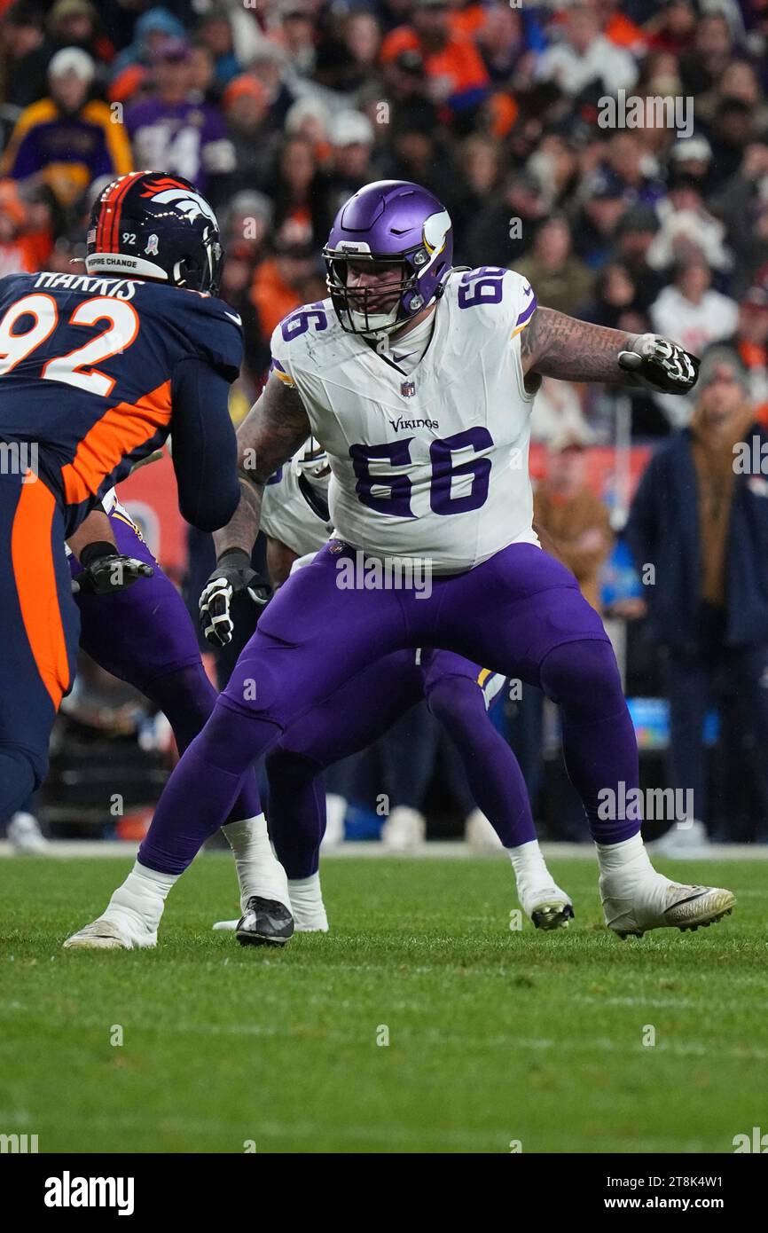 Minnesota Vikings guard Dalton Risner (66) against the Denver Broncos ...