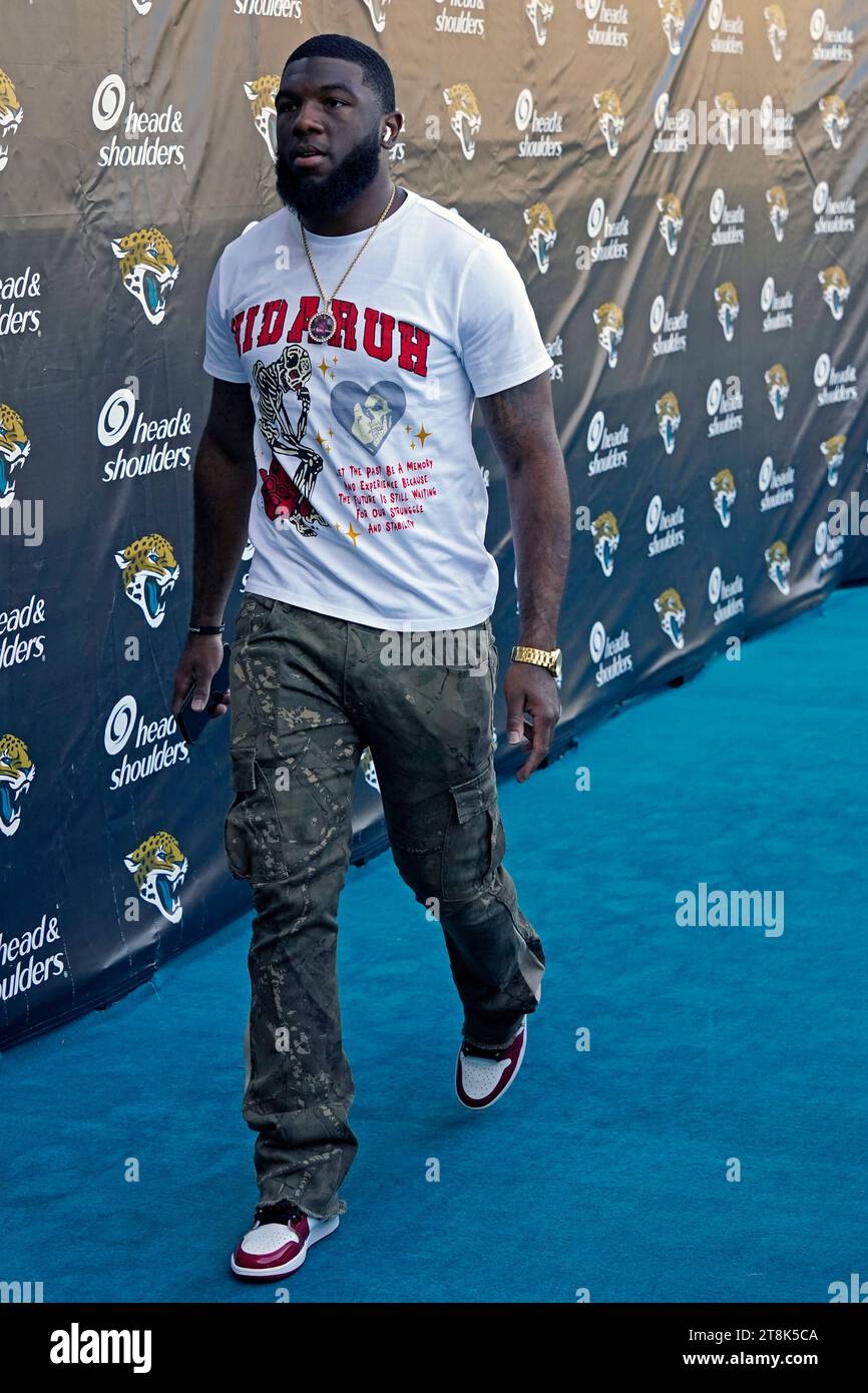 Jacksonville Jaguars linebacker Dequan Jackson (55) arrives at the ...