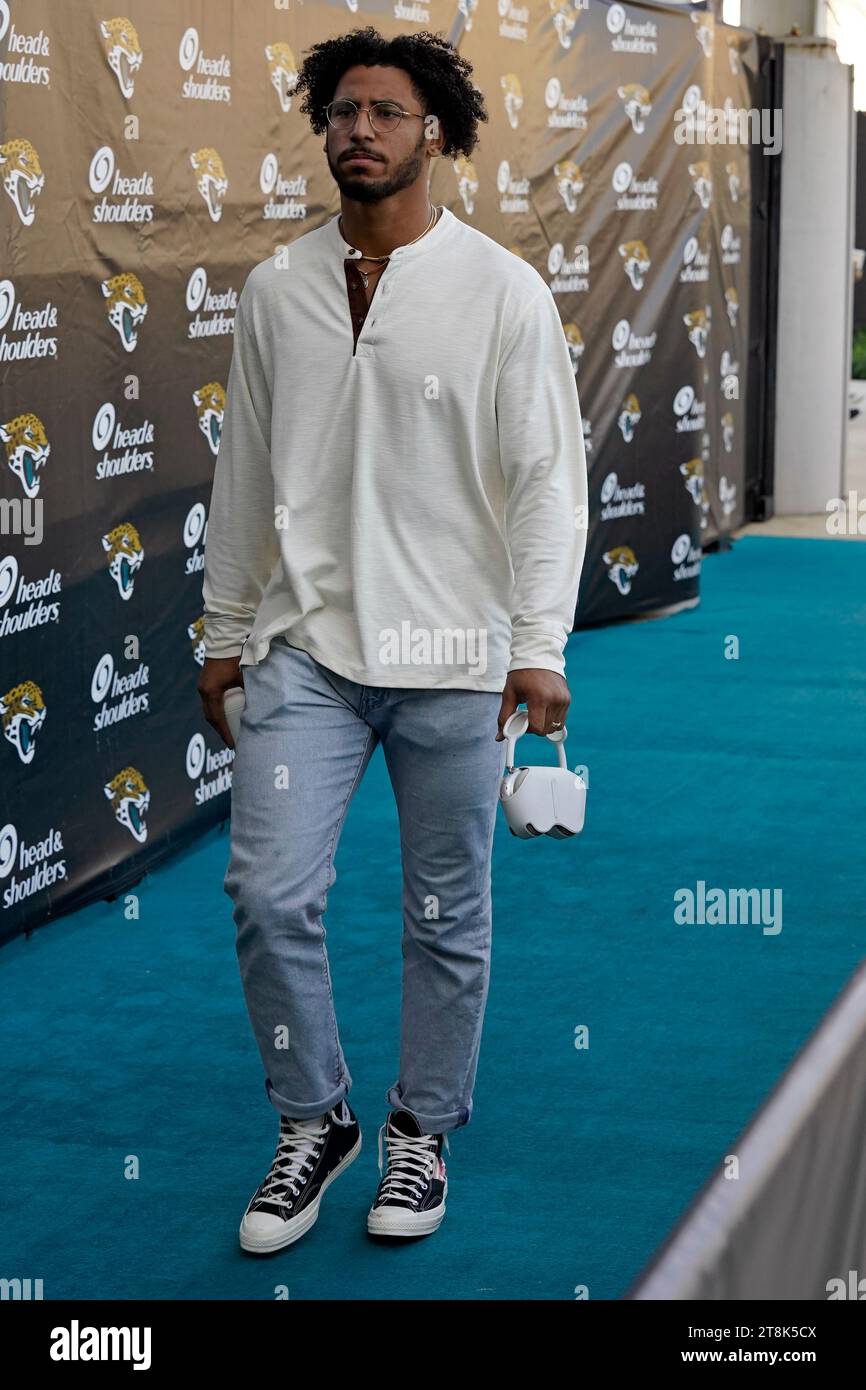 Jacksonville Jaguars linebacker Caleb Johnson (57) arrives at the stadium before an NFL football ...