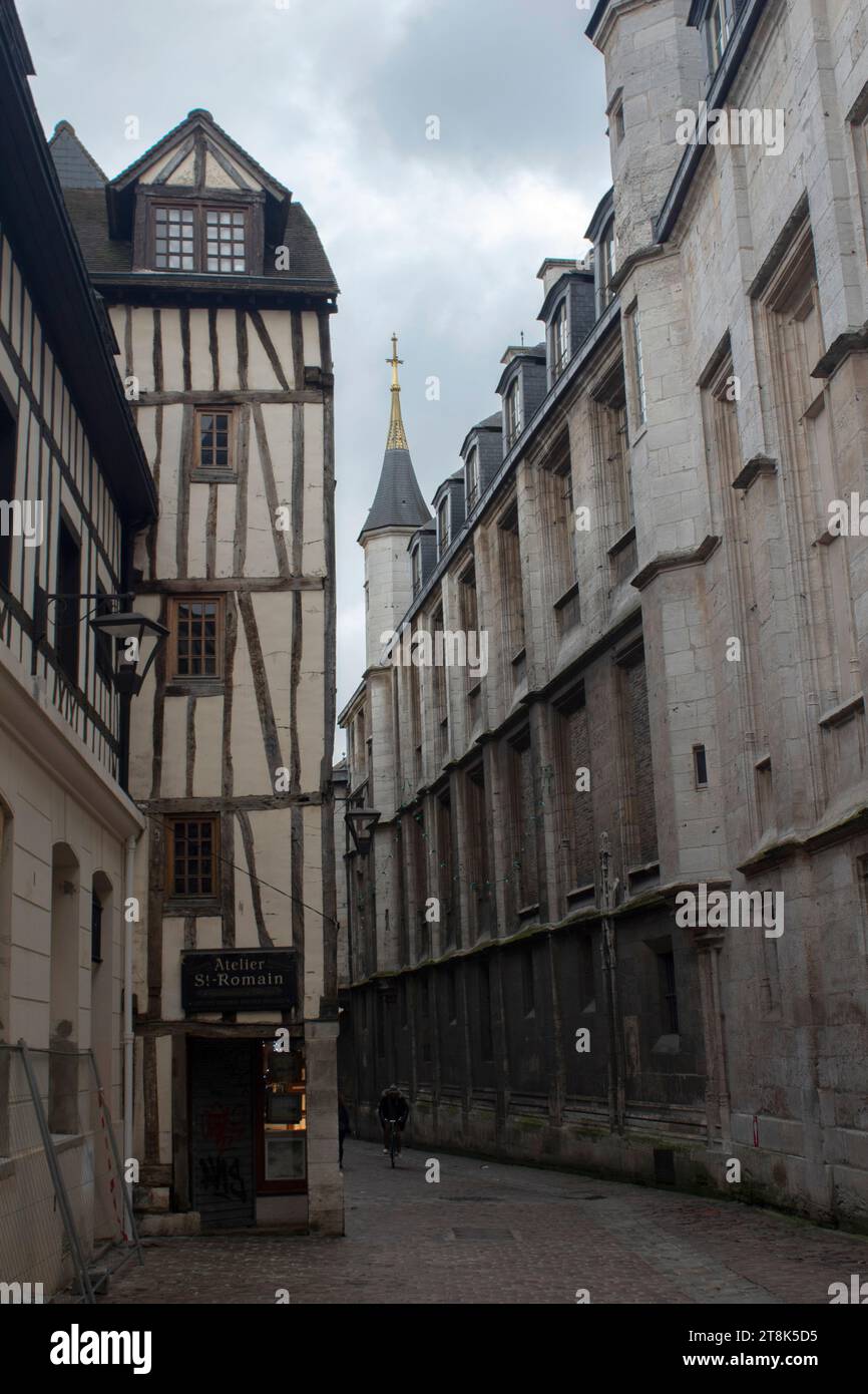 Restored medieval cobbled streets and half-timbered buildings in Rouen ...