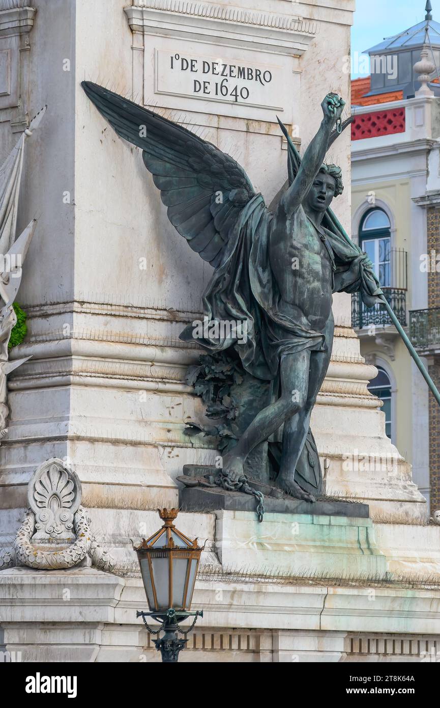 LISBON, PORTUGAL, statue or sculpture in Monumento dos Restauradores ...