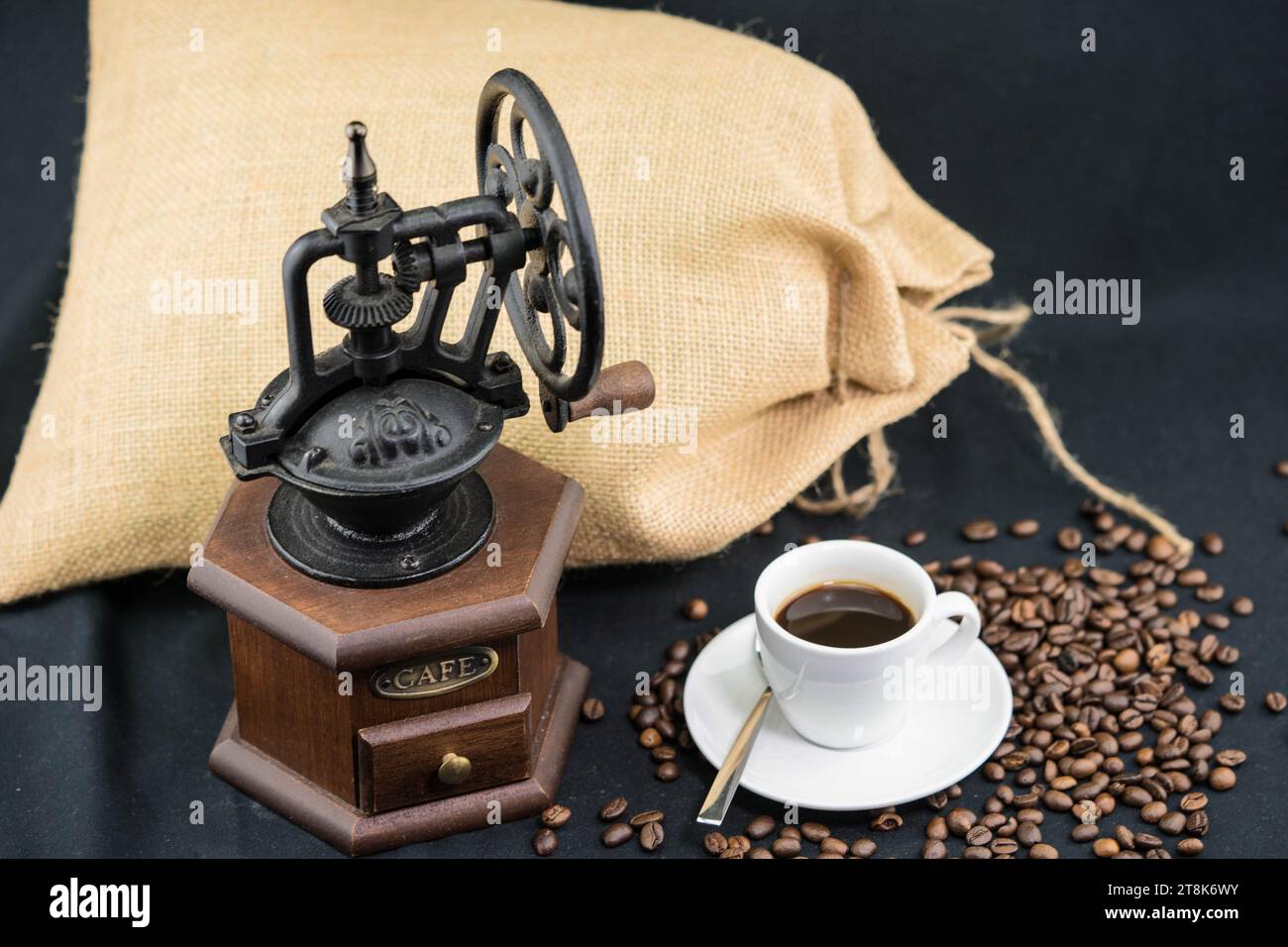 coffee mill, cup and beans, sack Stock Photo - Alamy