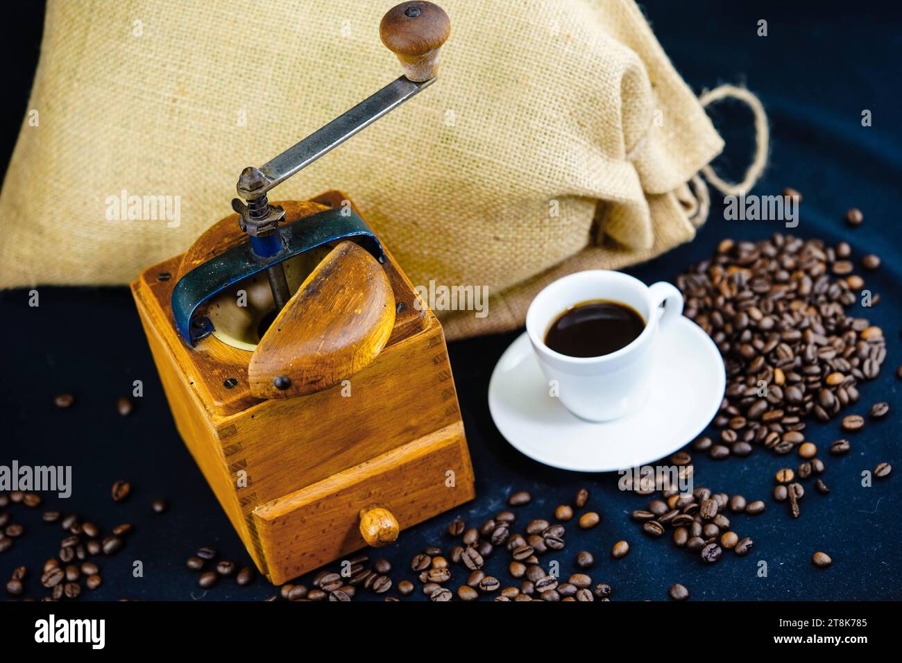 coffee mill, cup and beans, sack Stock Photo - Alamy