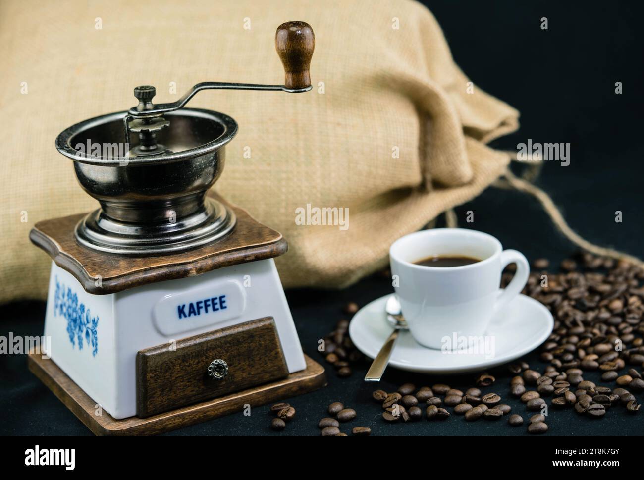 coffee mill, cup and beans, sack Stock Photo - Alamy