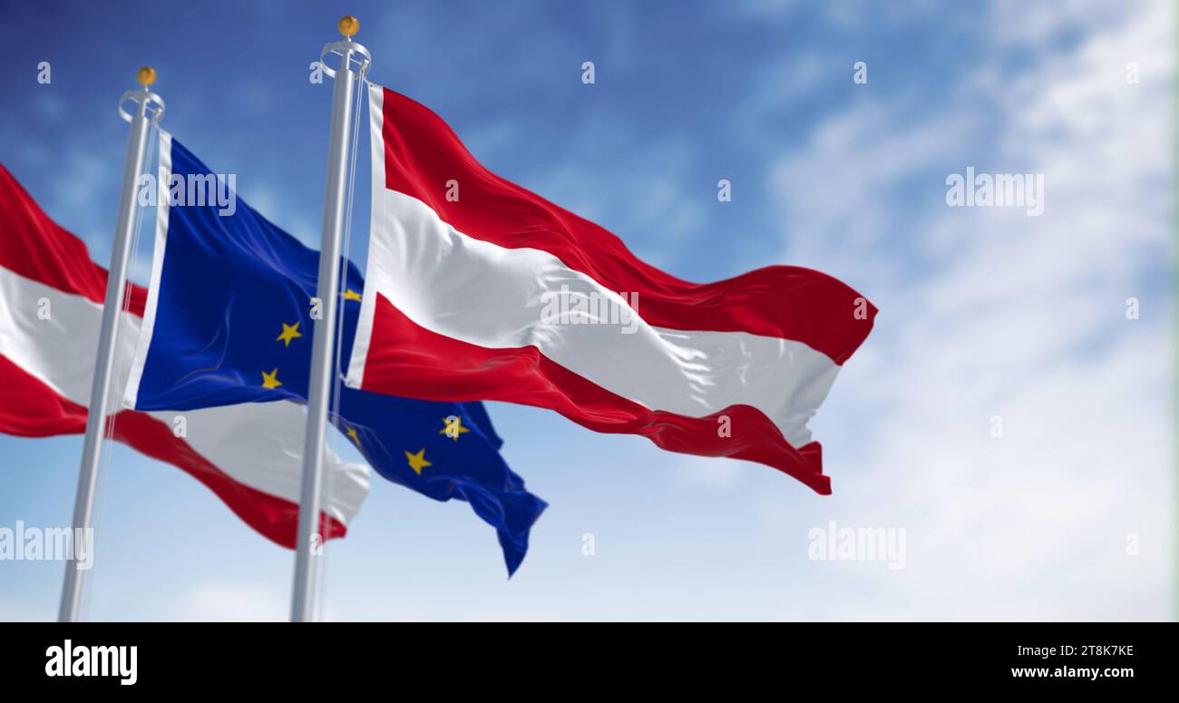 Austria and European Union flags waving together on a clear day ...
