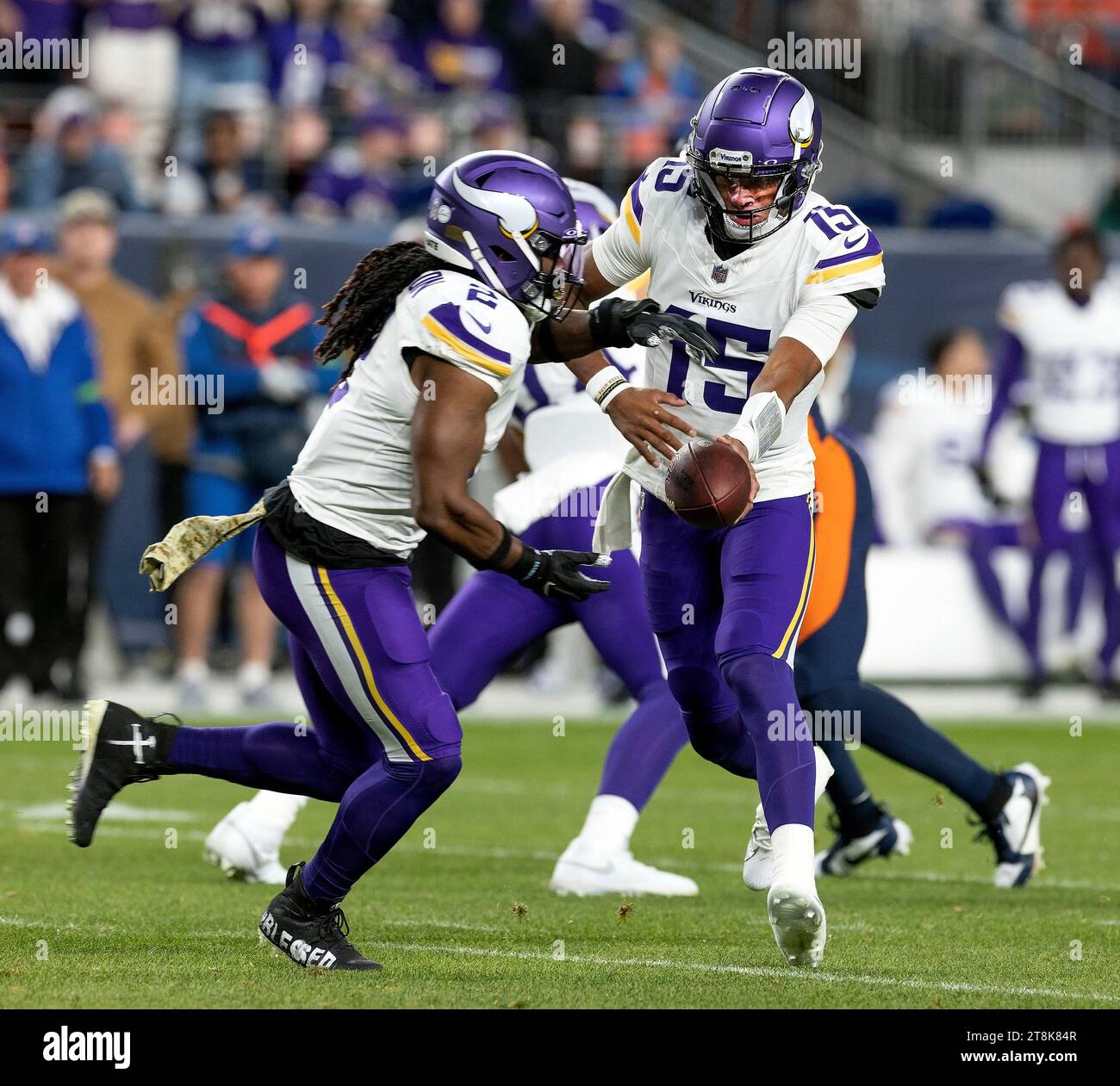 Denver, Colorado, USA. 19th Nov, 2023. Vikings QB JOSHUA DOBBS readies ...