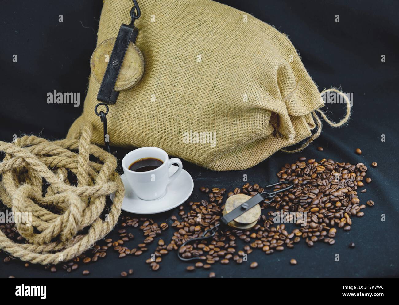 coffee cup and beans, rope and sack Stock Photo - Alamy