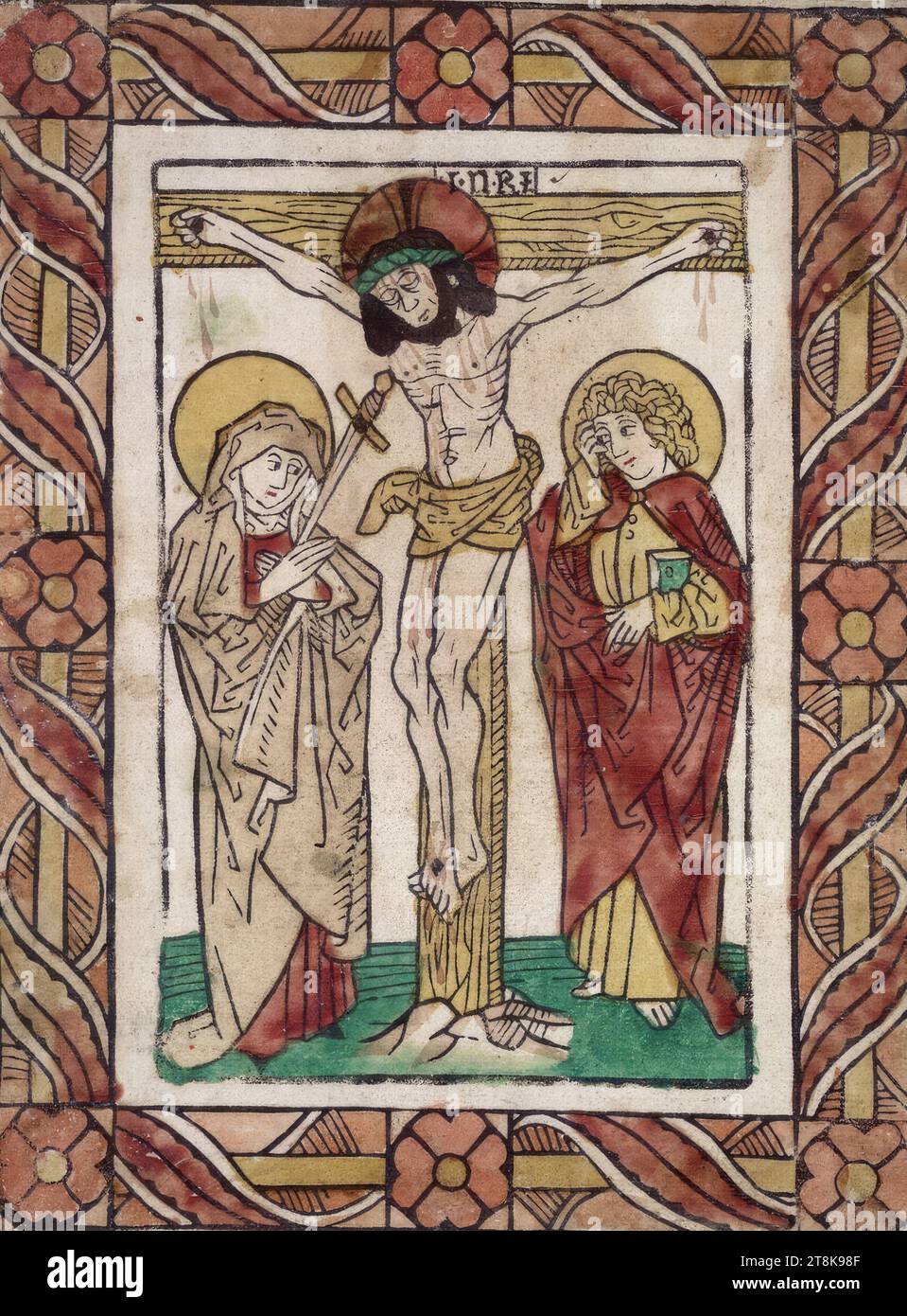 Christ on the cross with Our Lady of Sorrows and John, Anonymous, print, woodcut, colored Stock ...