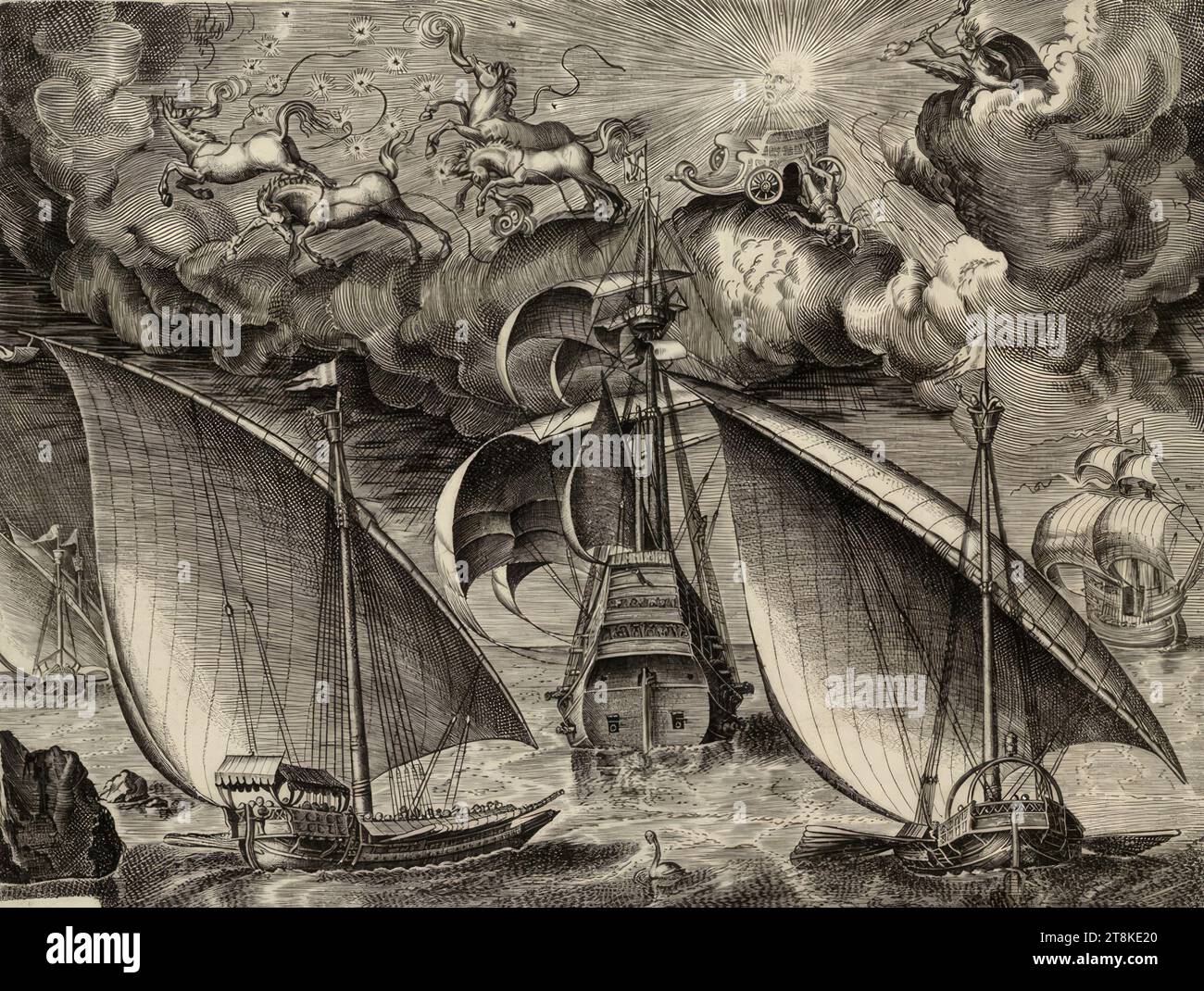 Two galleys behind an armed three-master, in the sky Phaeton and ...