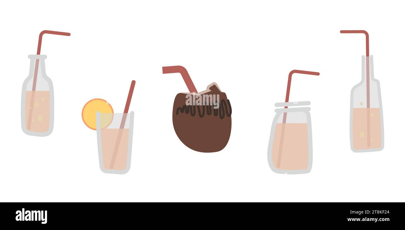 Set of beach drinks with straws: glass glass, jar and bottle with ...