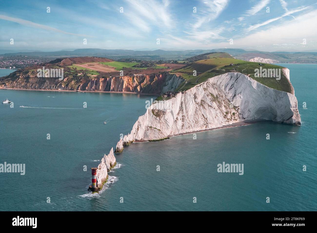 Aerial view of The Needles, iconic chalk stacks off the western coast ...