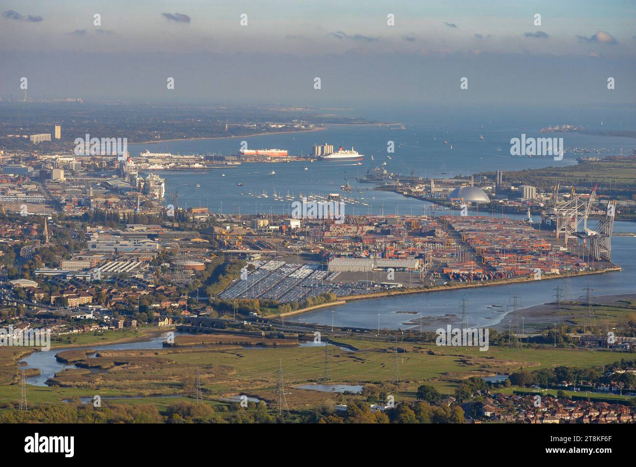 Aerial view of Southampton Docks, major UK port on the Solent, 70 miles ...