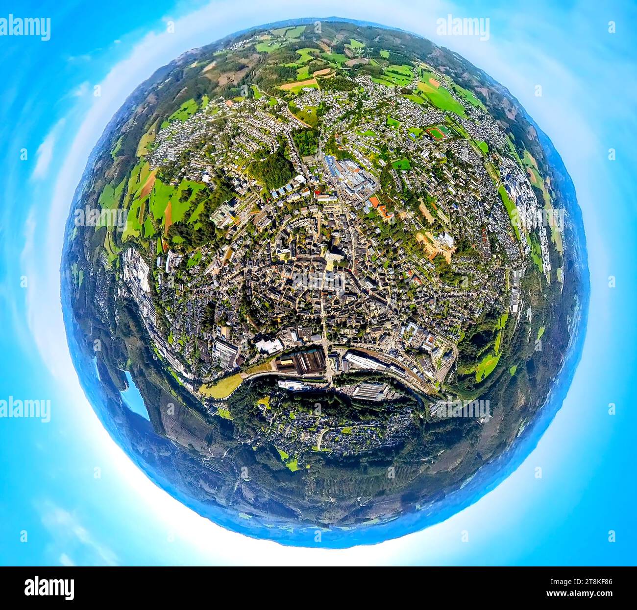 Aerial view, town center, Viega Attendorn company campus, train and bus ...