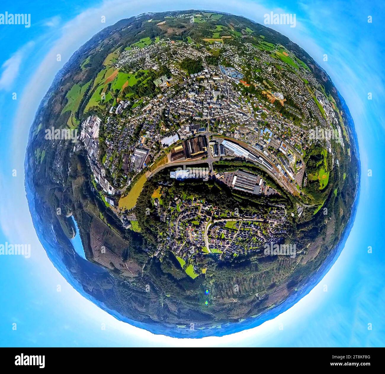 Aerial view, town center with river Bigge, train and bus station Am ...