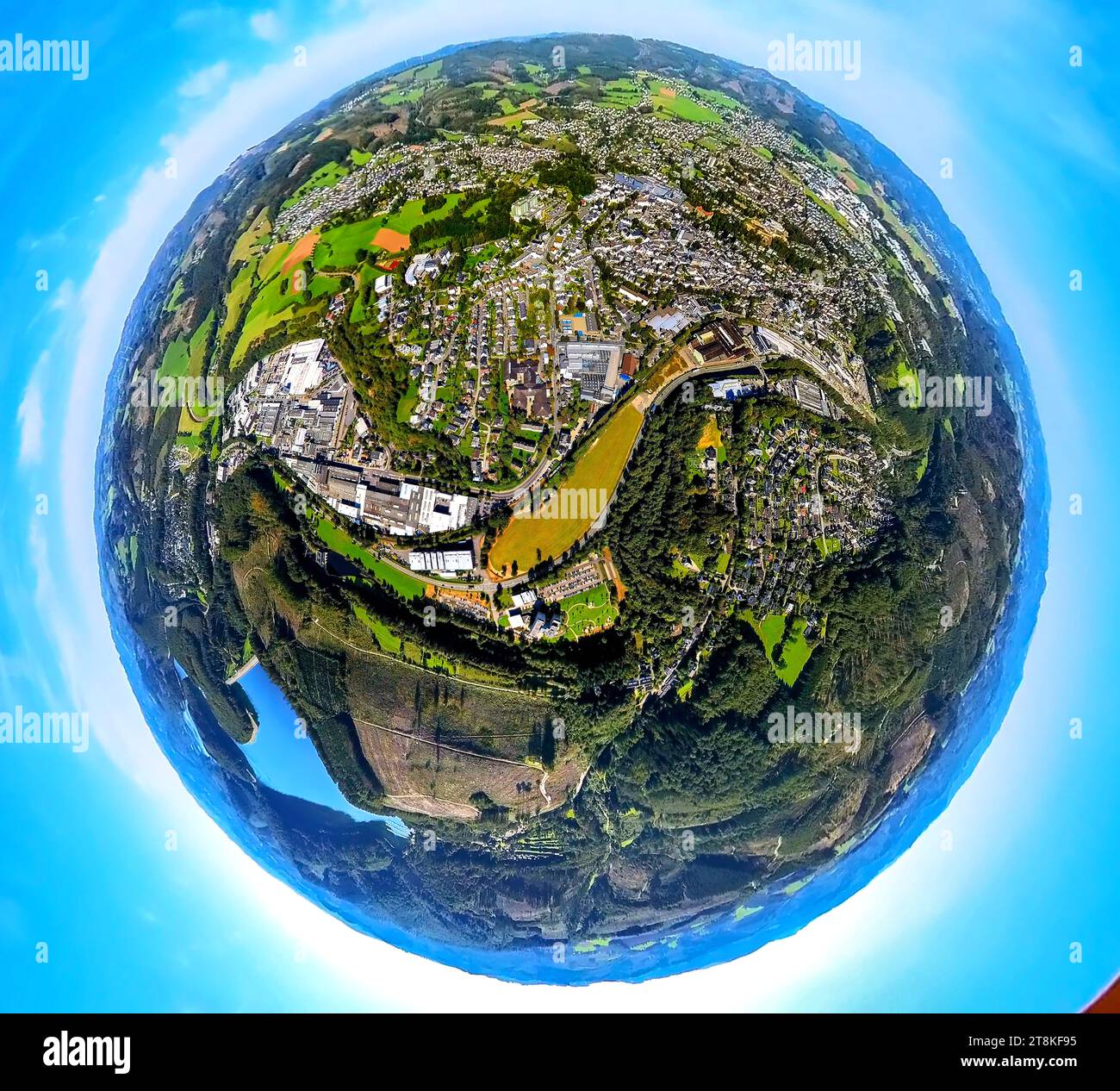 Aerial view, view of town center west, meadow area Blankenroder Mühle ...