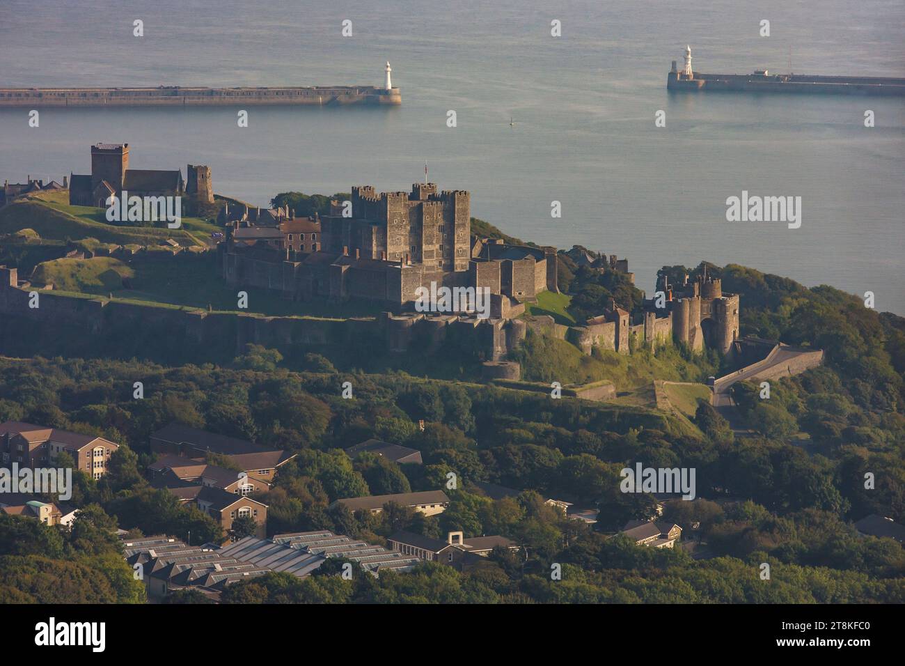 Aerial photograph of Dover Castle overlooking Dover docks, and the ...