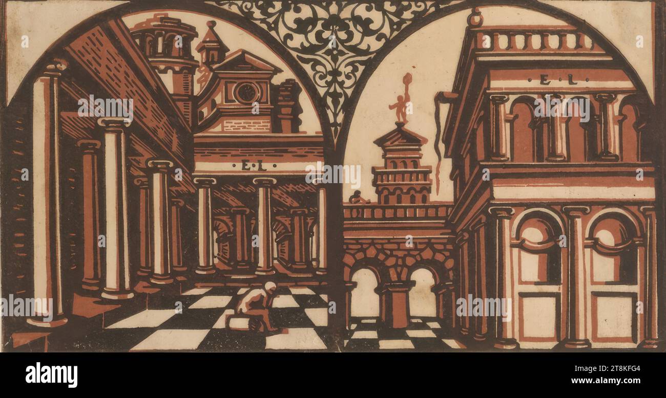 Two depictions of Renaissance buildings, framed by a double arcade ...