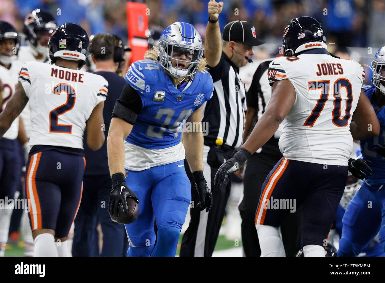 Detroit Lions linebacker Alex Anzalone reacts after recovering a fumble ...