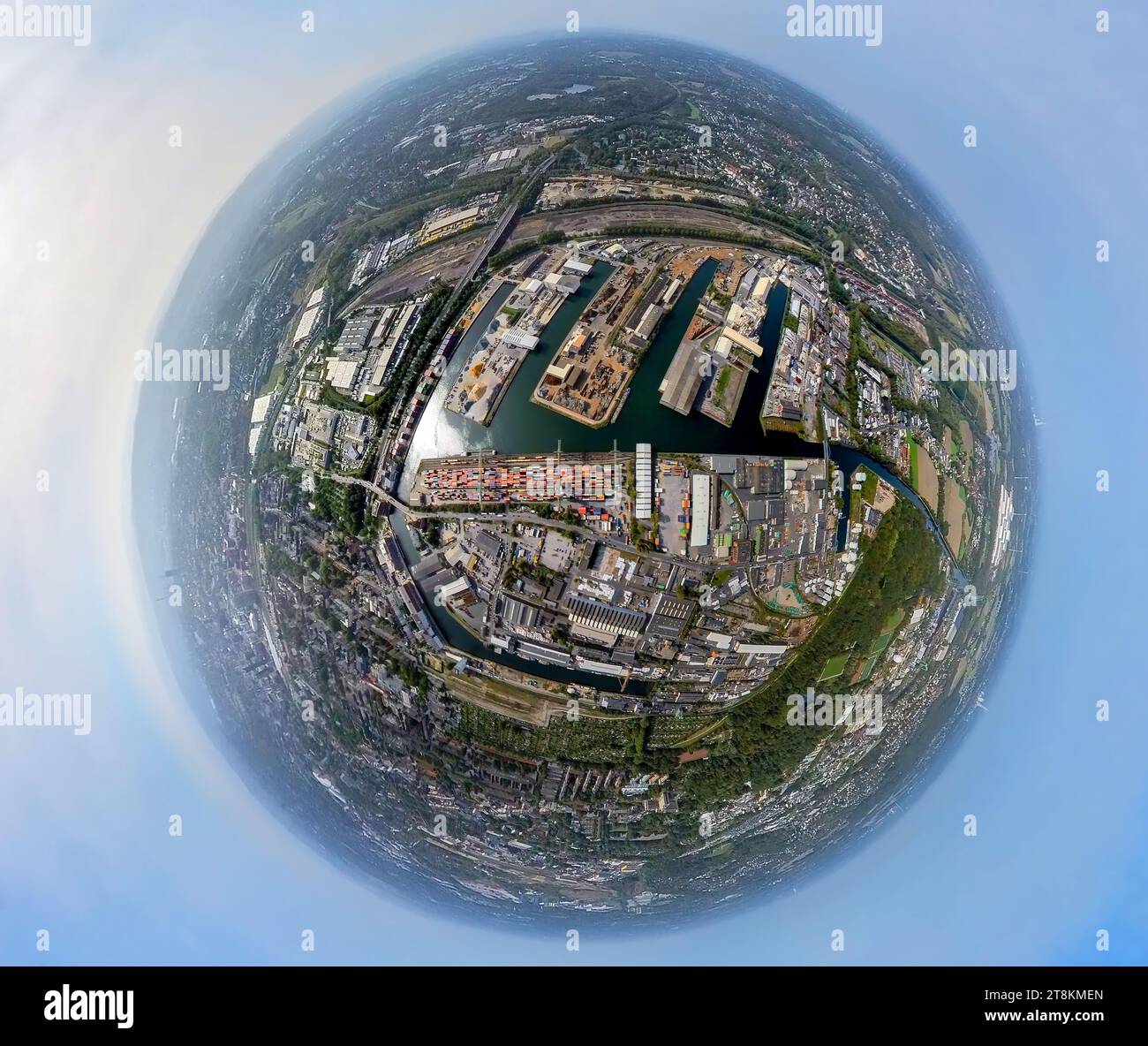 Aerial view, Port of Dortmund, Earth globe, Fisheye image, 360 degree ...