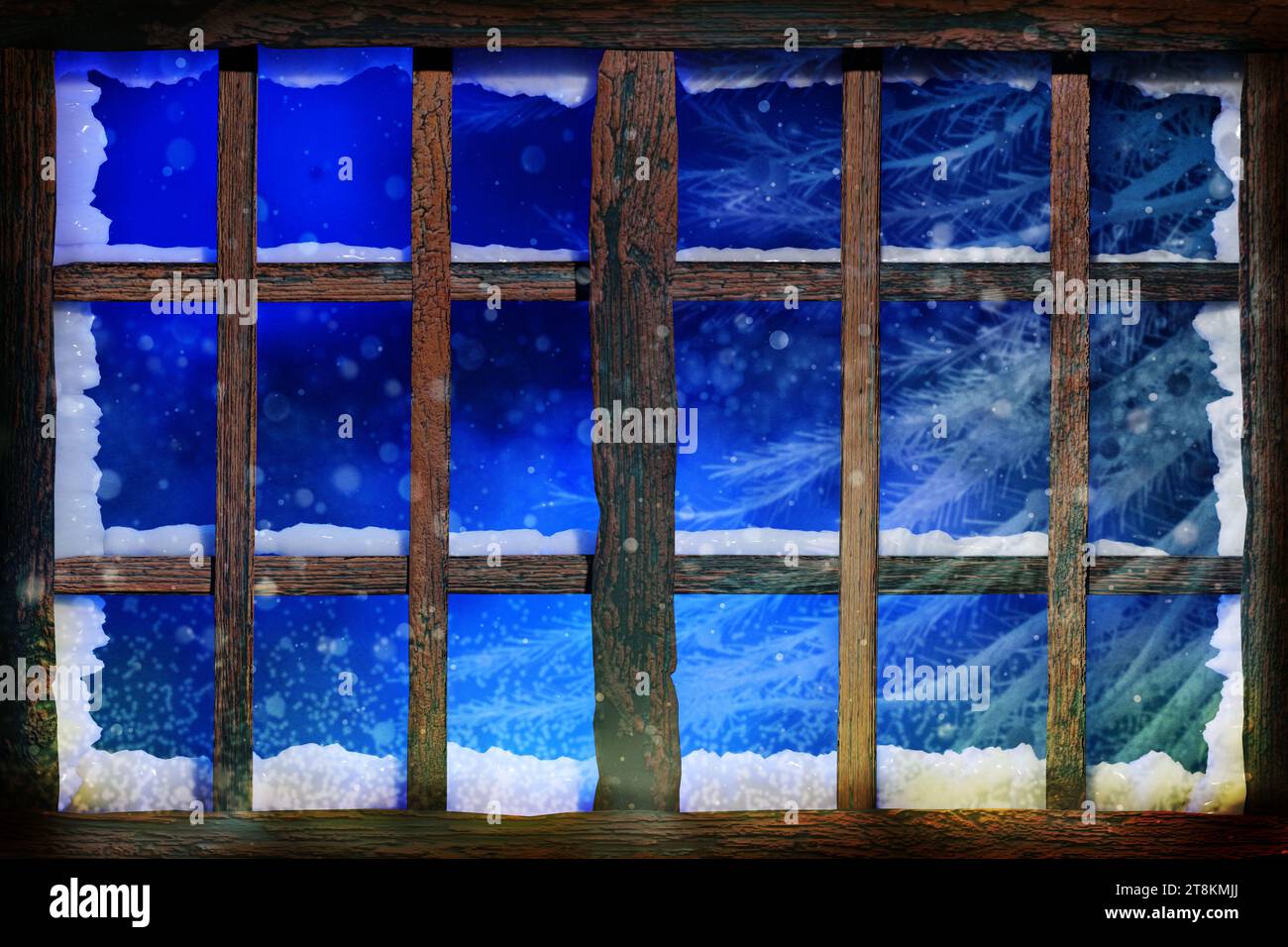 Winter frosted frozen window with snowfall and falling snow outside in ...