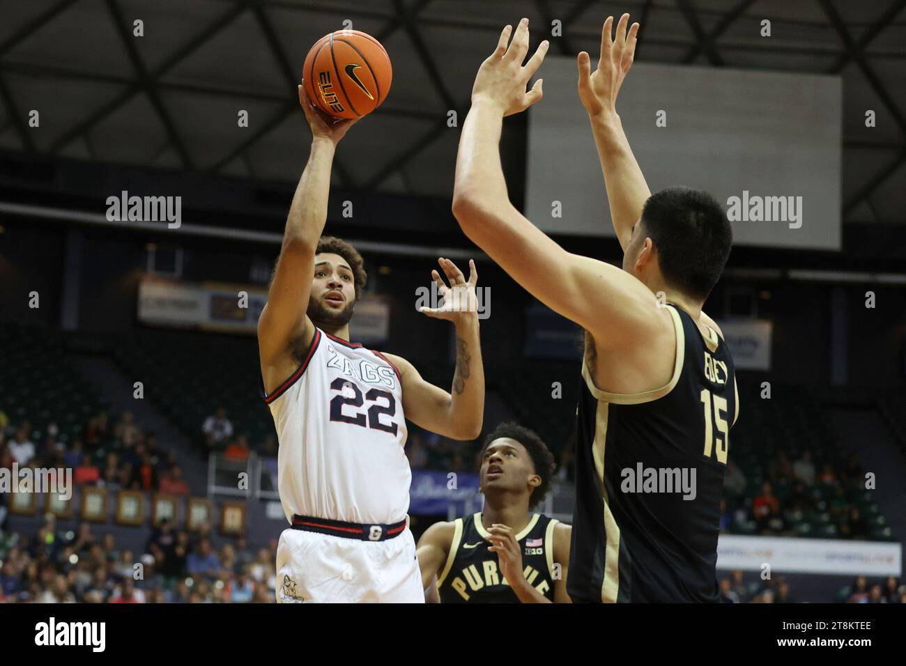 Gonzaga forward Anton Watson (22) shoots over Purdue center Zach Edey ...