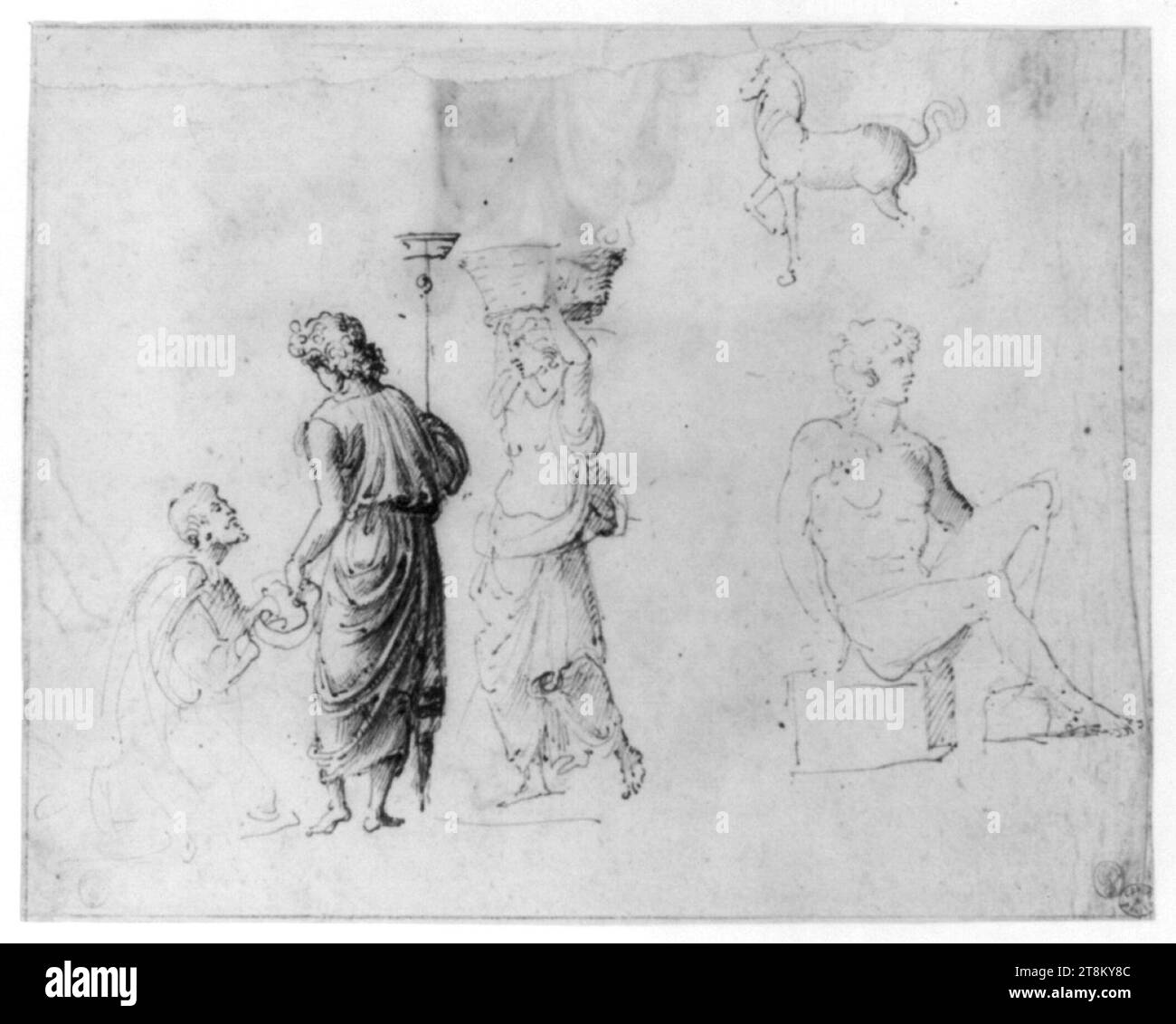 Various sketches- four figures and a horse on recto and two partial ...